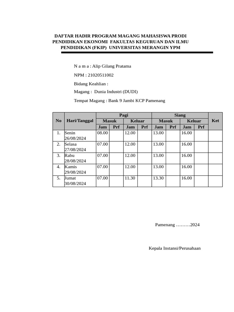 Absensi Magang 2024 | PDF