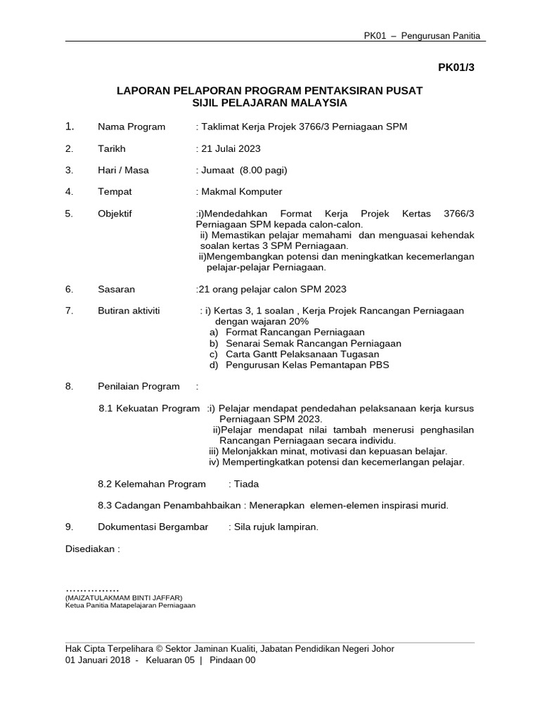 Laporan Taklimat Kerja Kursus Perniagaan Kepada Murid 2023 | PDF