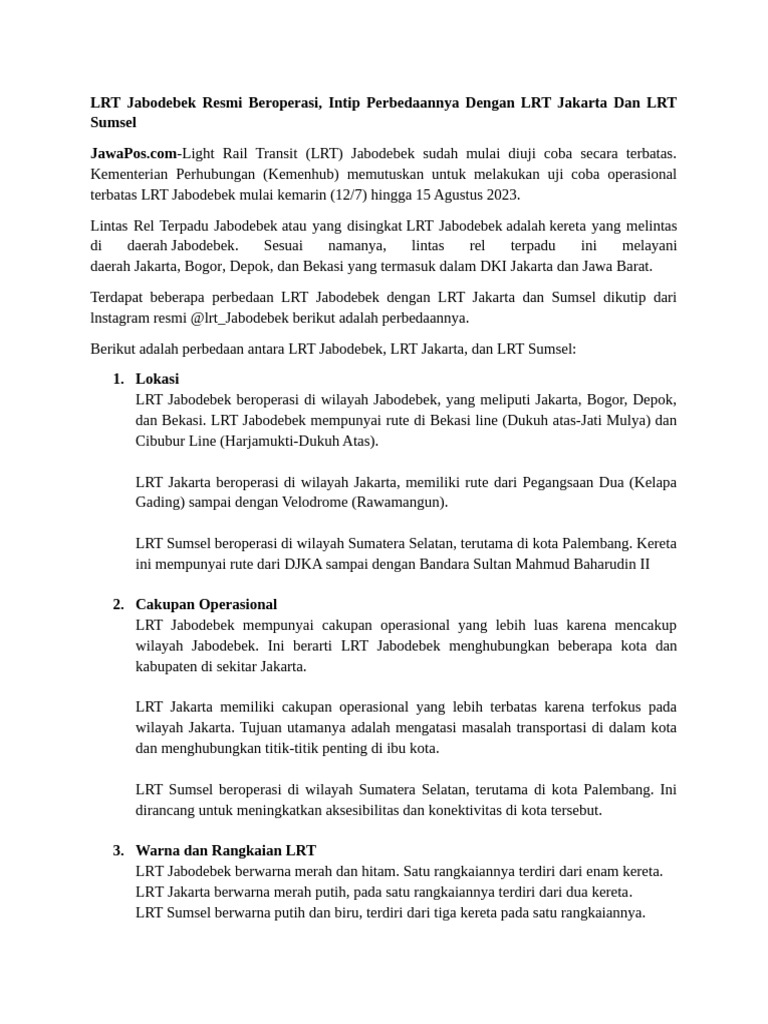 LRT Jabodebek Resmi Beroperasi | PDF