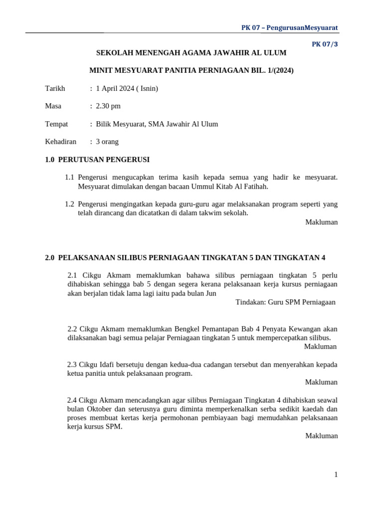 Minit Mesyuarat Kali Pertama 2024 PN | PDF