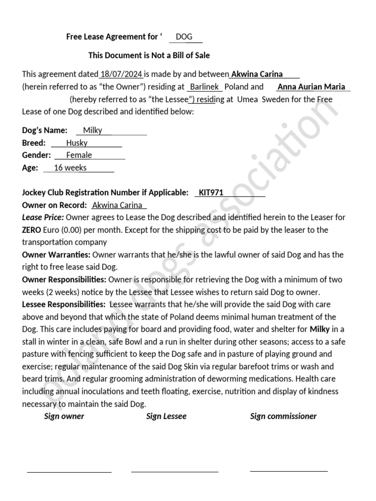 Free Lease Agreement For My Husky | PDF
