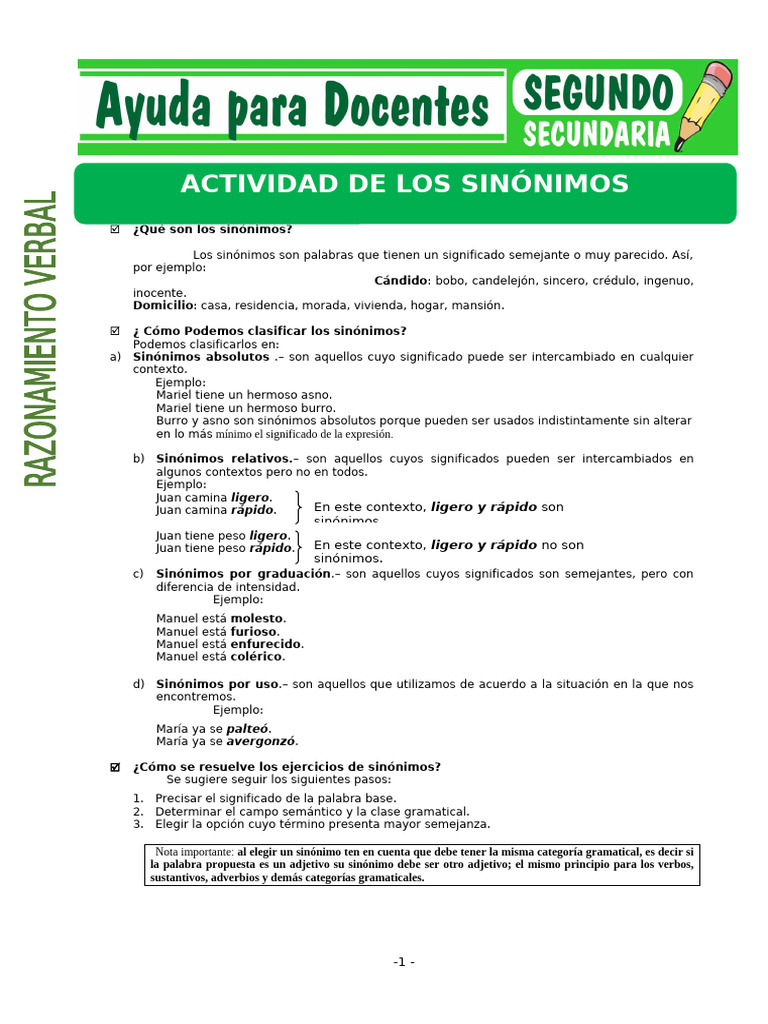 Actividad de Los Sinonimos para Segundo de Secundaria | PDF