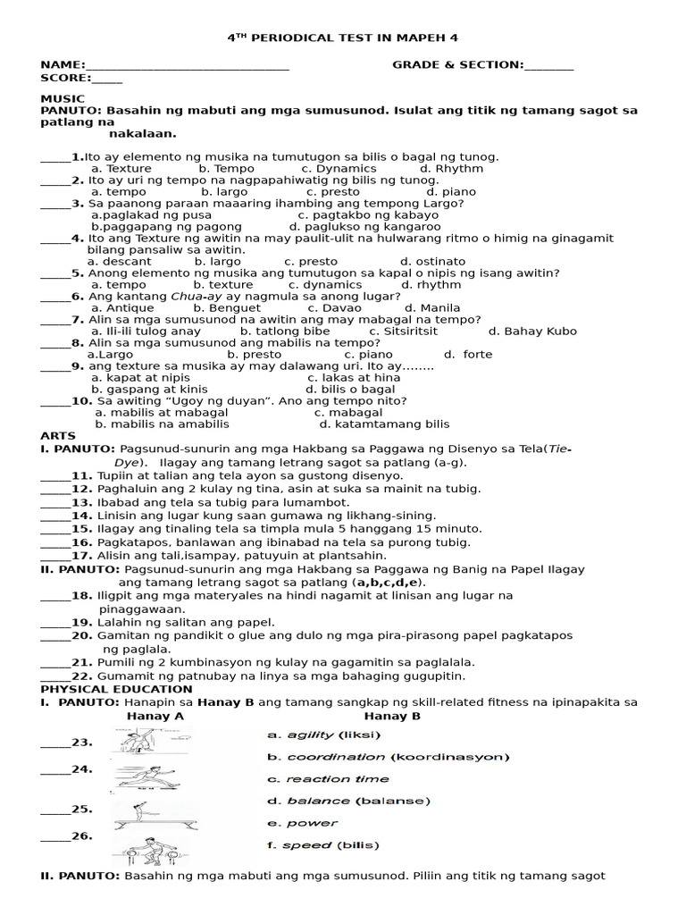 4TH Periodical Test in Mapeh | PDF