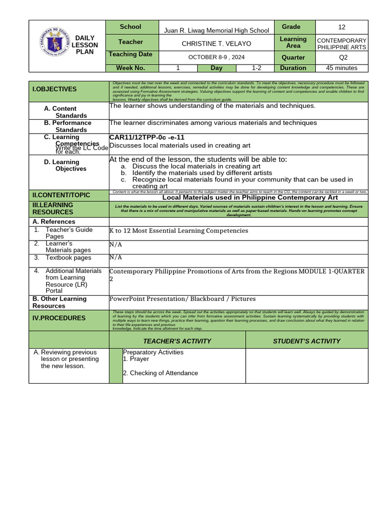 Cpar - Q2-Week 1 - D1-2 | PDF | Learning | Teachers