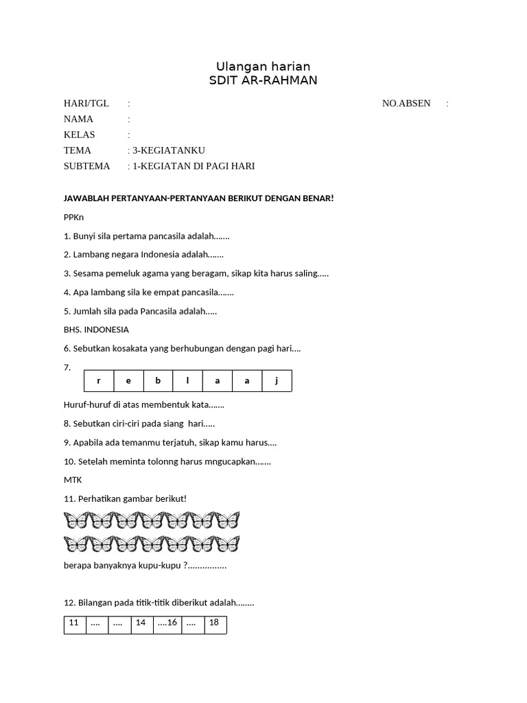 Uh Kelas 1 Tema 3 Subtema 1 | PDF