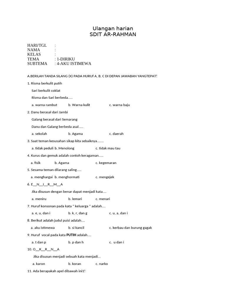 Uh Kelas 1 Tema 1 Subtema 4 | PDF