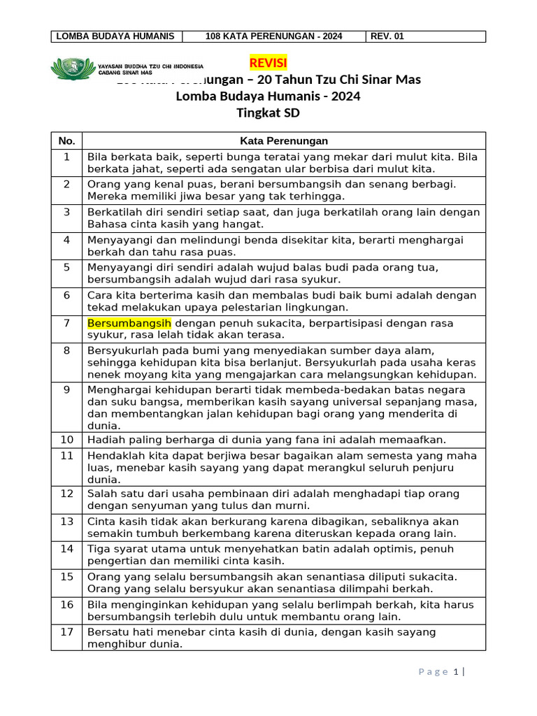 REVISI 108 Kata Perenungan - 20th Tzu Chi Sinar Mas | PDF