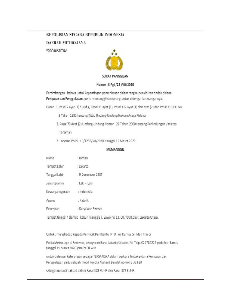 Contoh Surat panggilan polisi | PDF Contoh Surat panggilan polisi | PDF