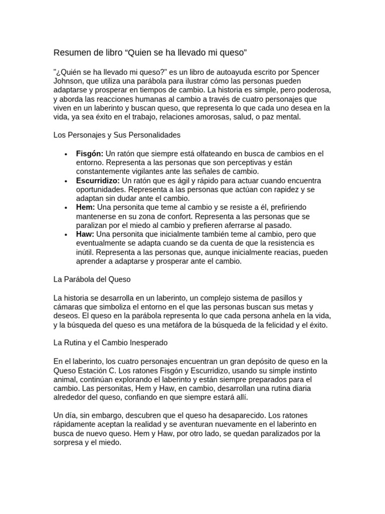 Resumen de Libro Quien Se Ha Llevado Mi Queso | PDF