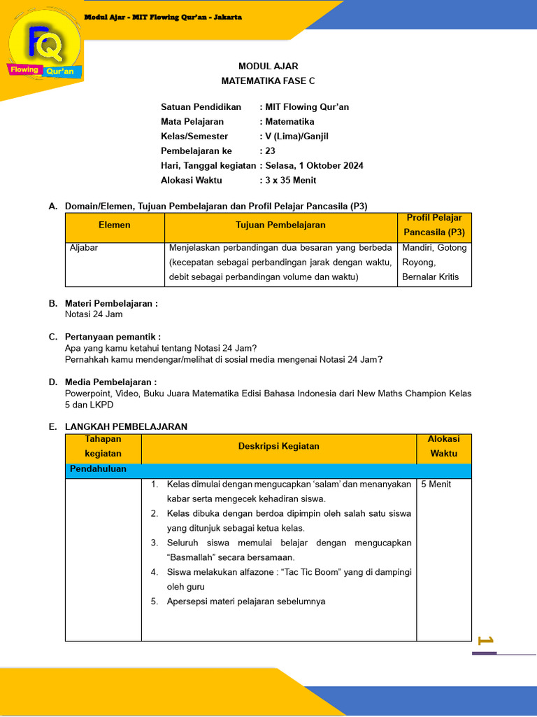 Modul Ajar Matematika Kelas 5 Bulan Oktober 2024 Pdf