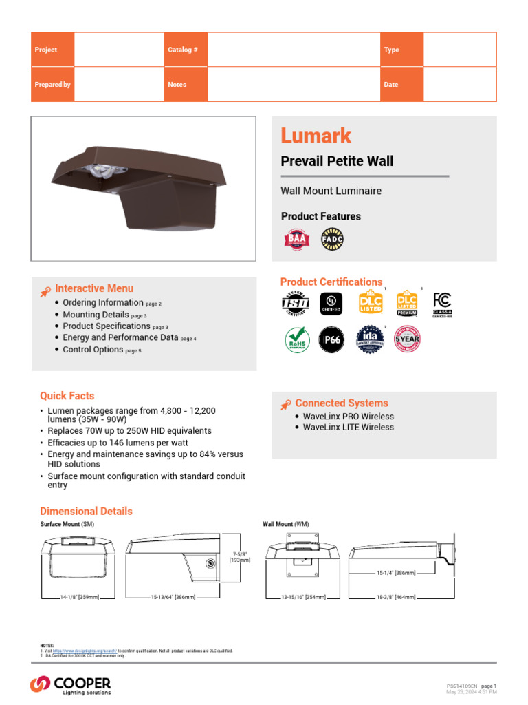 Lumark Prevail Petite Wall Specification Sheet | PDF
