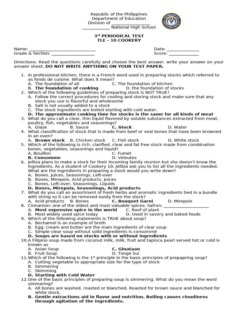 COOKERY 10 3rd GRADING EXAM | PDF
