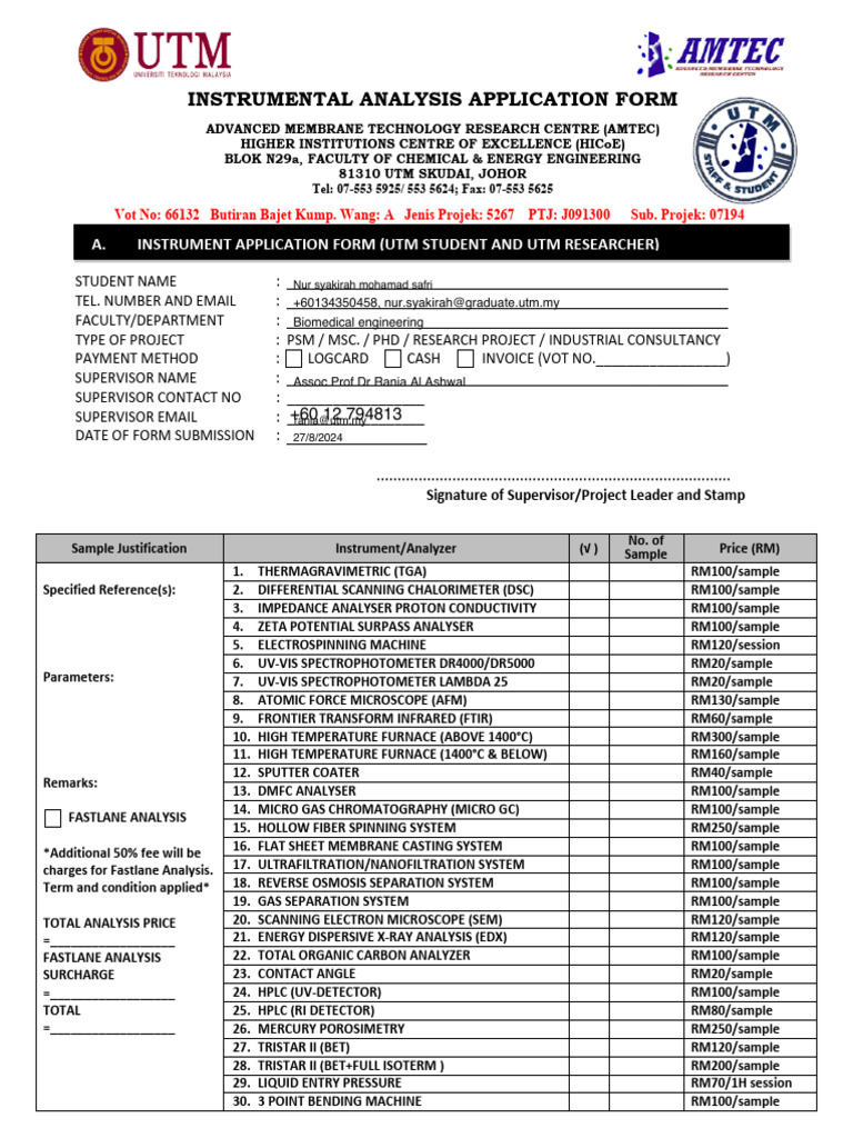 AMTEC Form Equipment Analysis UTM Student and UTM Researcher Updated 1 August | PDF