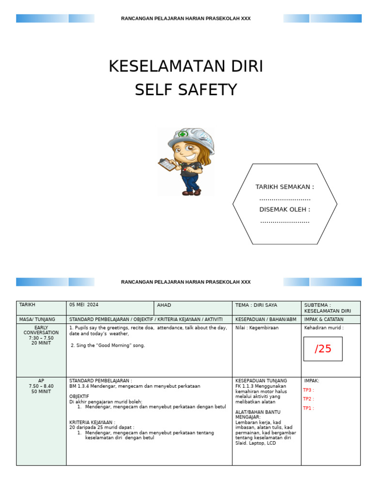 TP2618 - RPH 2024 Prasekolah Minggu 9 Keselamatan Diri1 | PDF