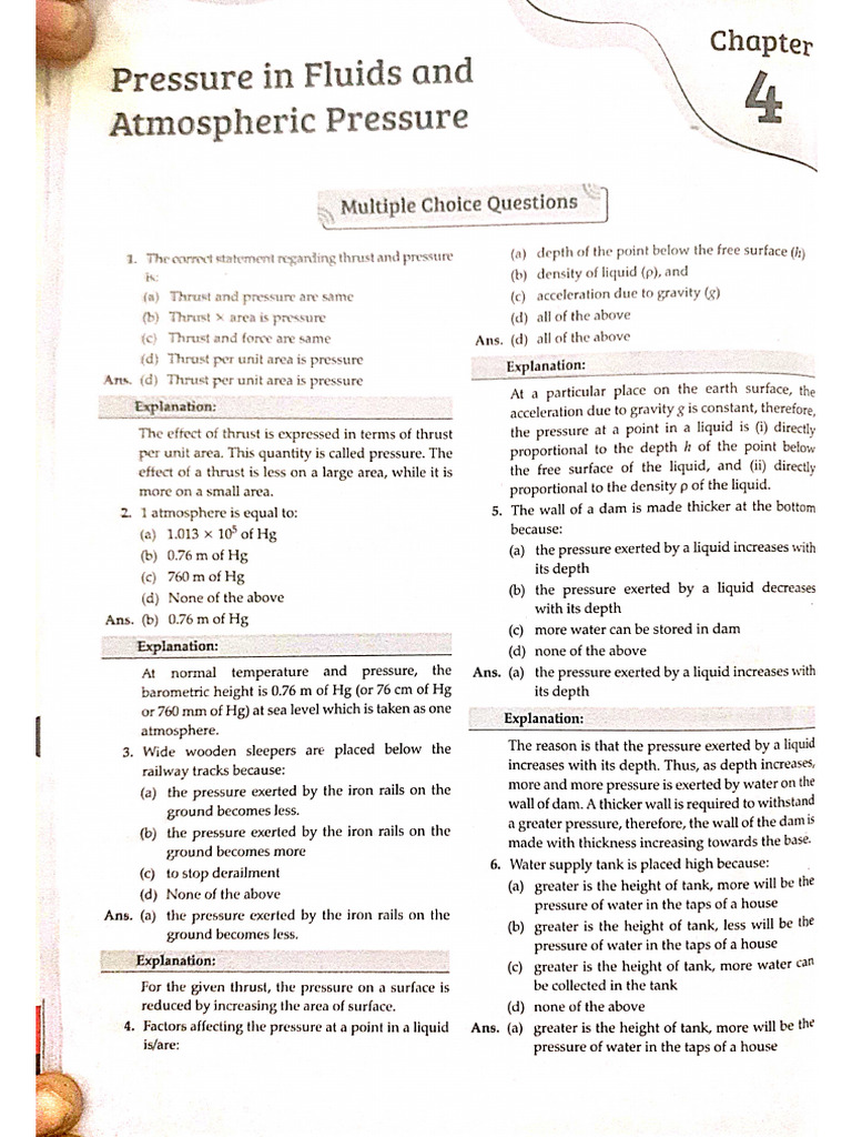 Pressure in Fluids Class 9 | PDF