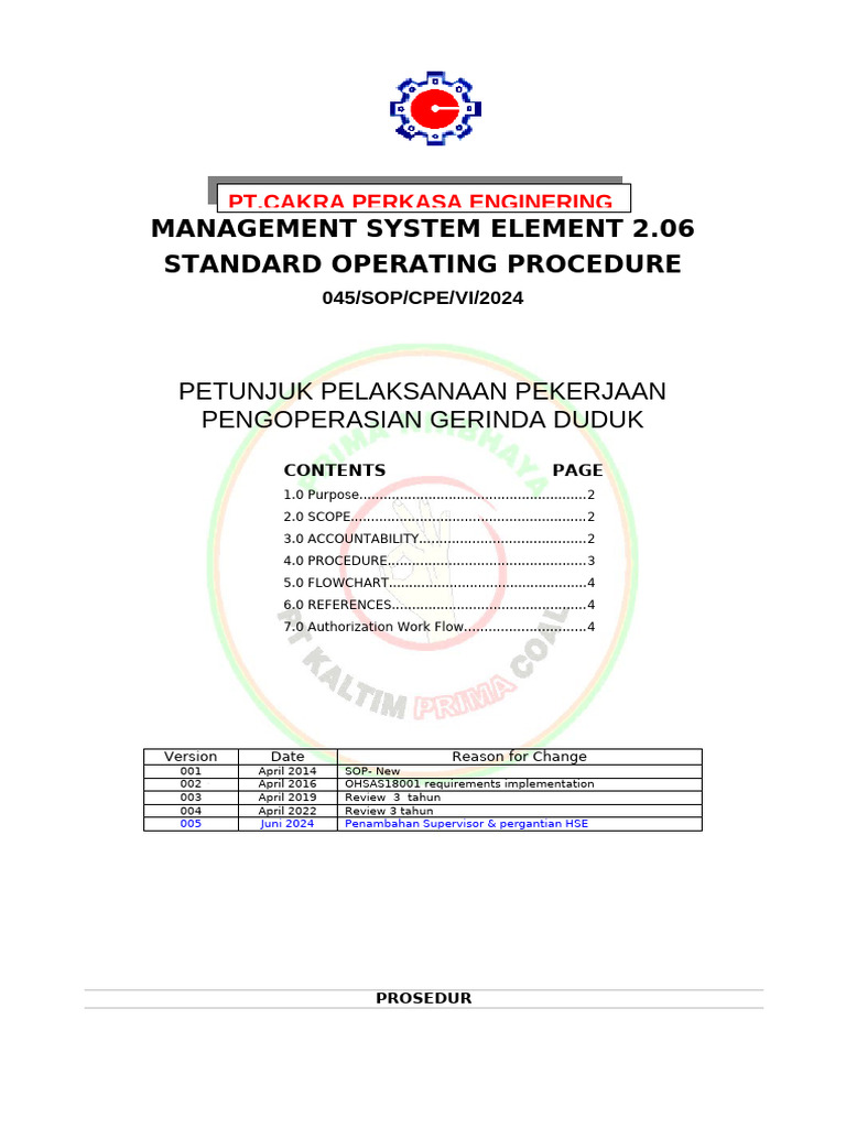 SOP 045 - Prosedur Pengoperasian Gerinda Duduk | PDF
