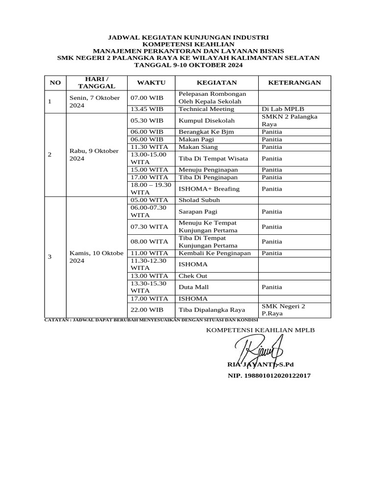 JADWAL KEGIATAN STUDY TOUR | PDF