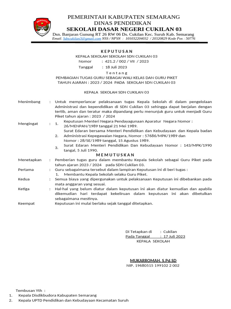 Contoh SK Piket Sekolah | PDF