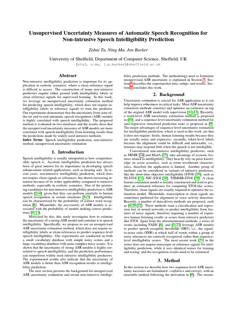 Unsupervised Uncertainty Measures of Automatic Speech Recognition For Non-Intrusive Speech ...