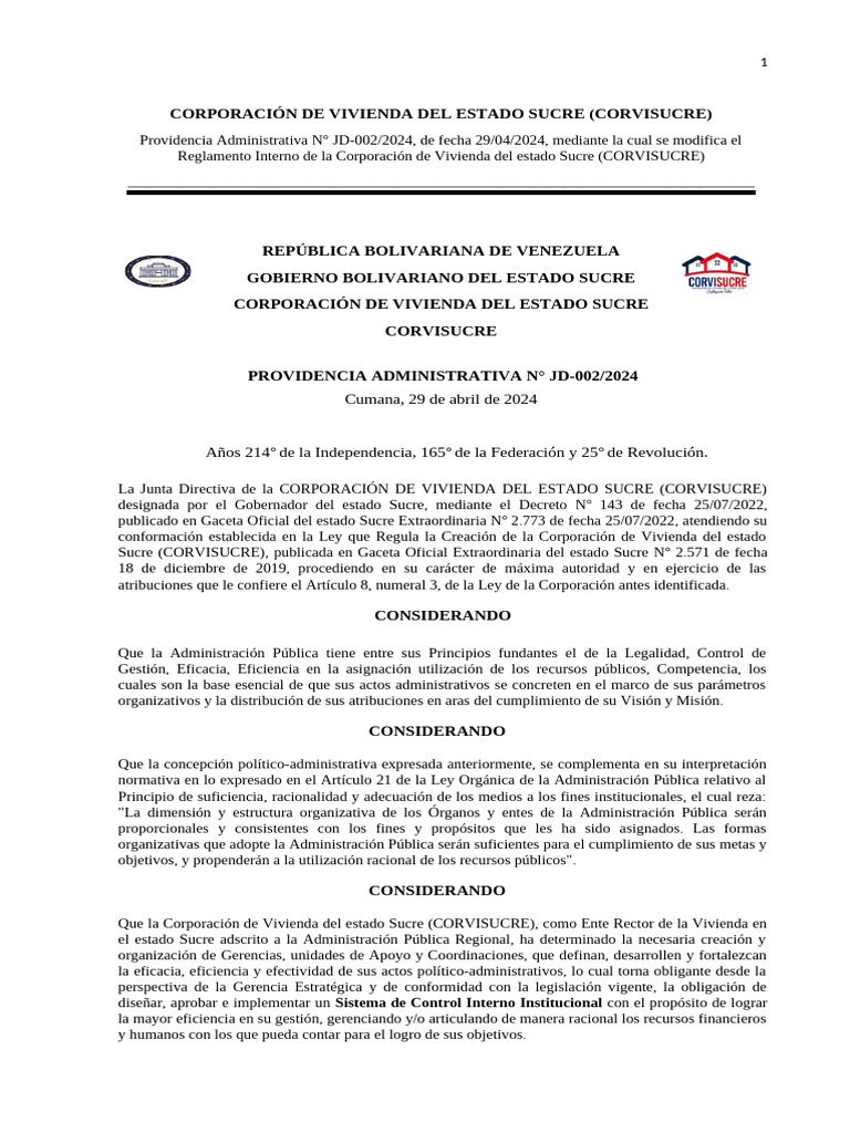 Providencia Adm. Nro. 002 Modificacion Reg. Imterno | PDF