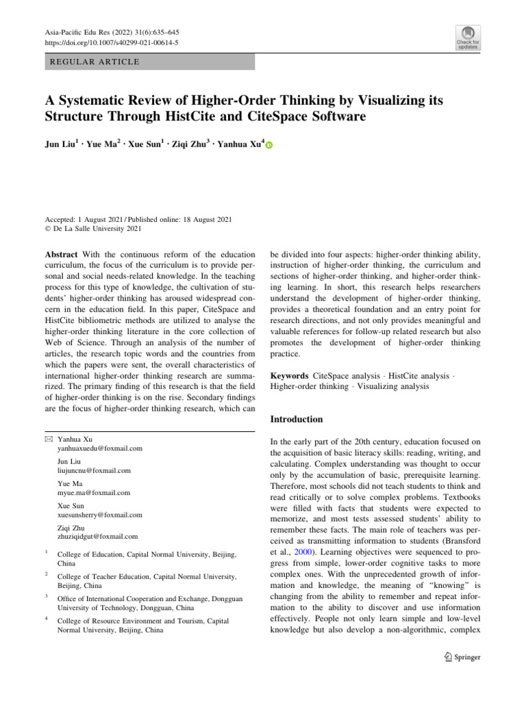 A Systematic Review of Higher-Order Thinking by Visualizing Its Structure Through HistCite and ...