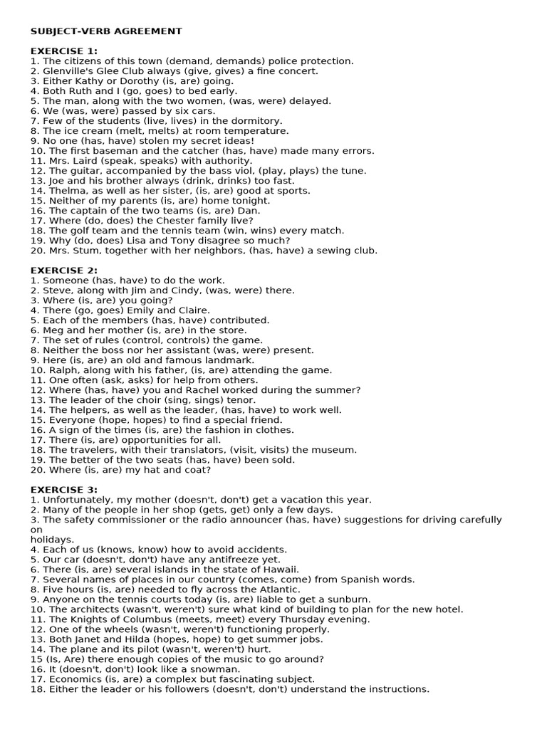 Subject-Verb Agreement Exercises | PDF