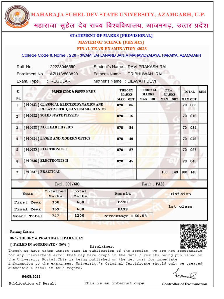 Maharaja Suhel Dev State University, Azamgarh, U.P.: Statement of Marks ...