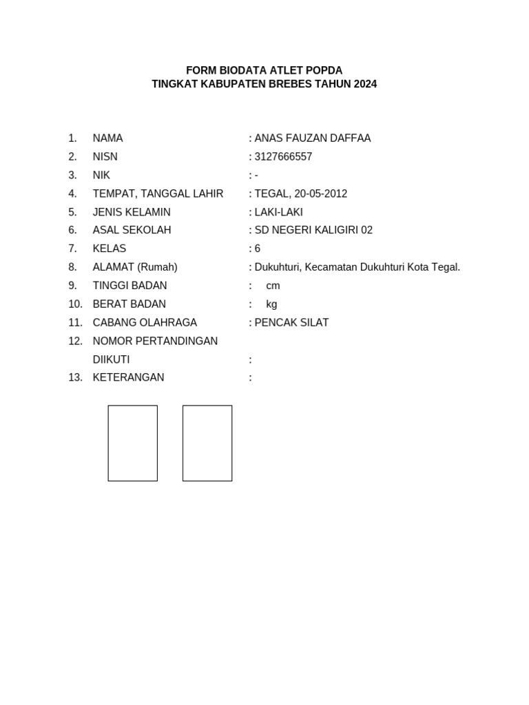 Form Biodata Atlet Popda | PDF