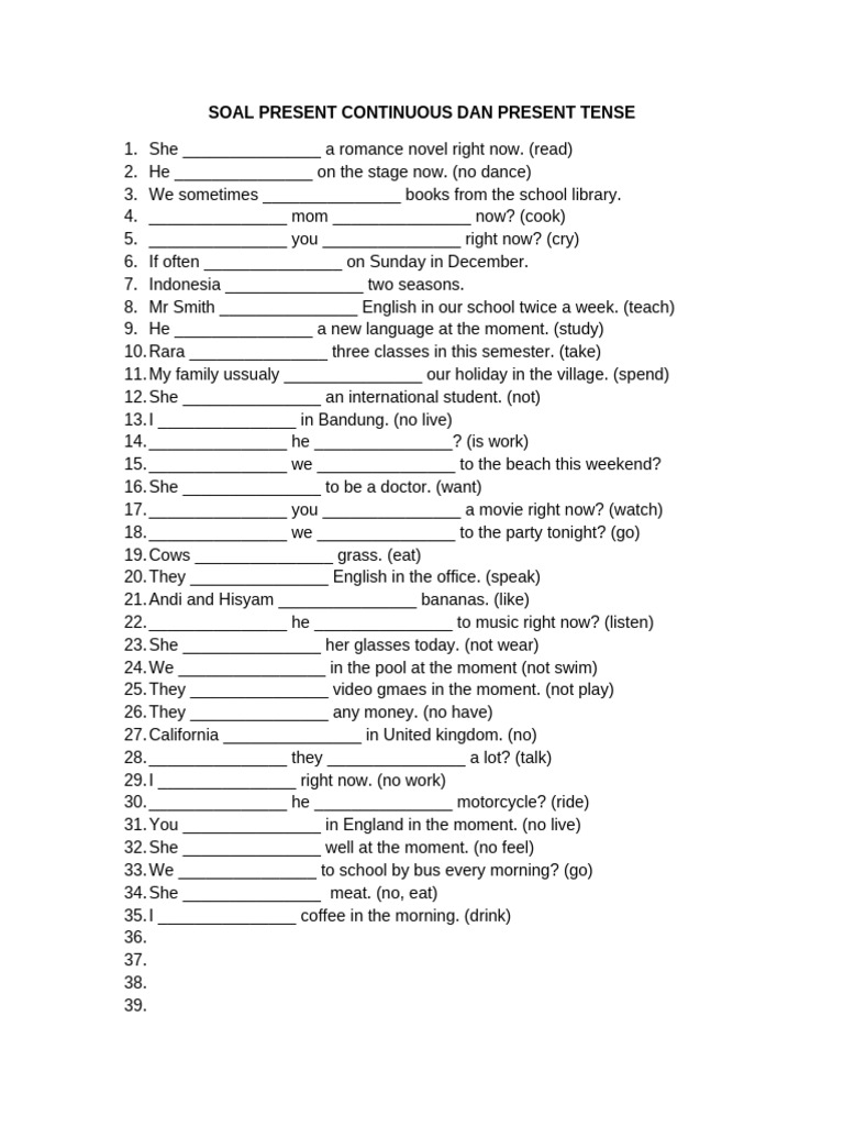 SOAL PRESENT CONTINUOUS DAN PRESENT TENSE | PDF