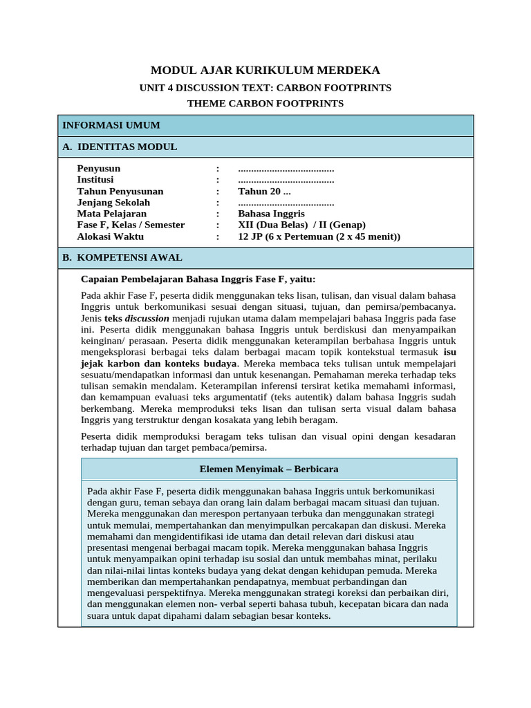 Modul Ajar Unit 4 Discussion Text Carbon Footprints | PDF