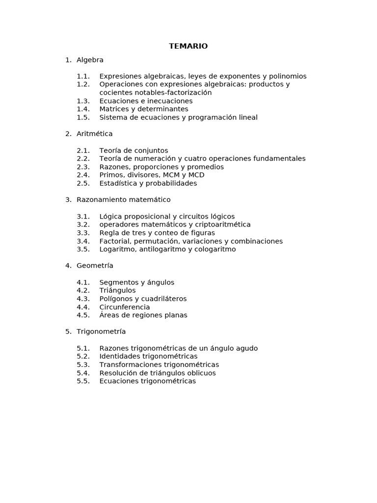 Temario MATEMATICAS | PDF