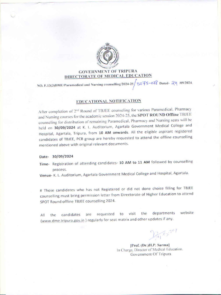 TBJEE SPOT Round Offline Counselling | PDF