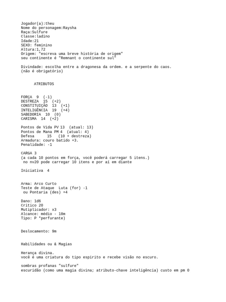 Ficha Do RPG Relíquias Do Caos - A Jornada Arquivo de Texto | PDF