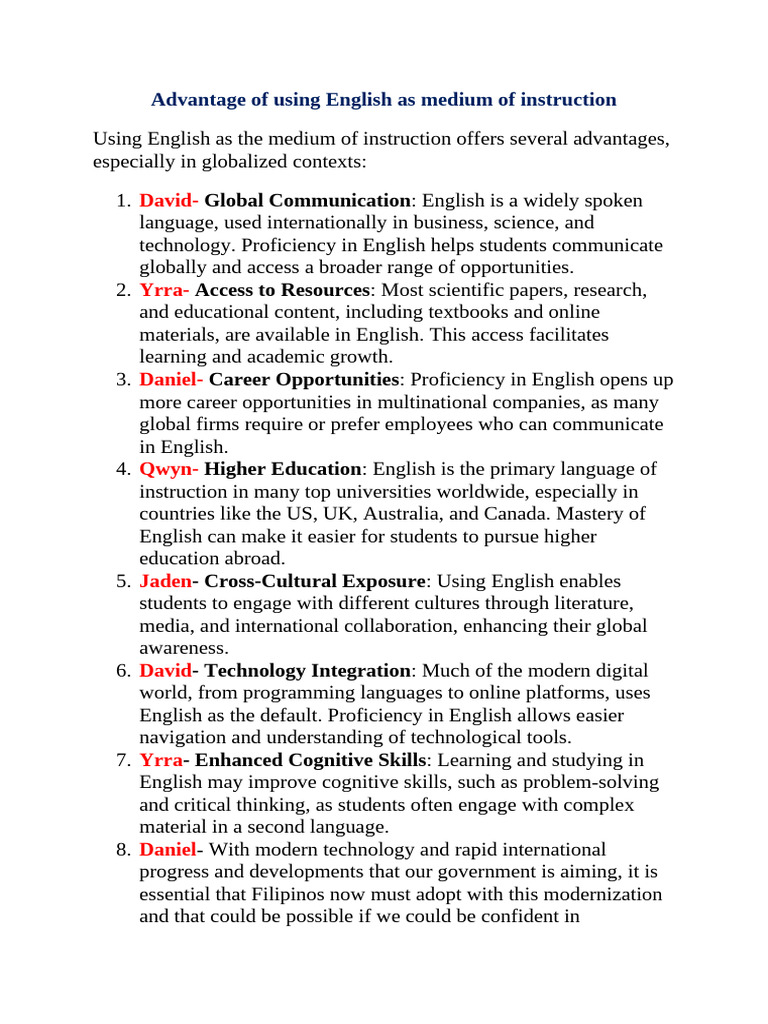 Advantage of Using English As Medium of Instruction | PDF