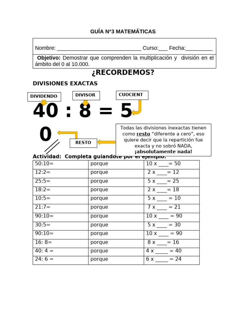 DIVISIONES EXACTAS Guias | PDF