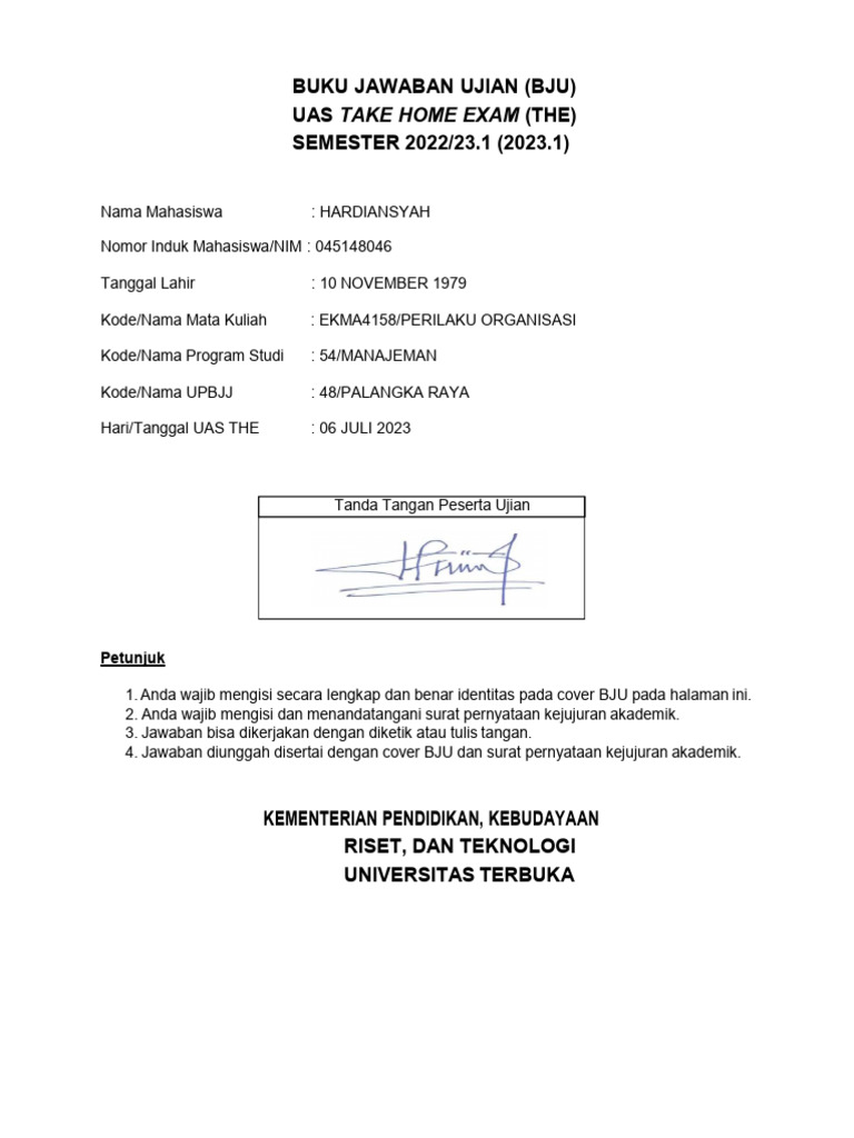 Buku Jawaban Ujian (Bju) UAS (THE) SEMESTER 2022/23.1 (2023.1) | PDF