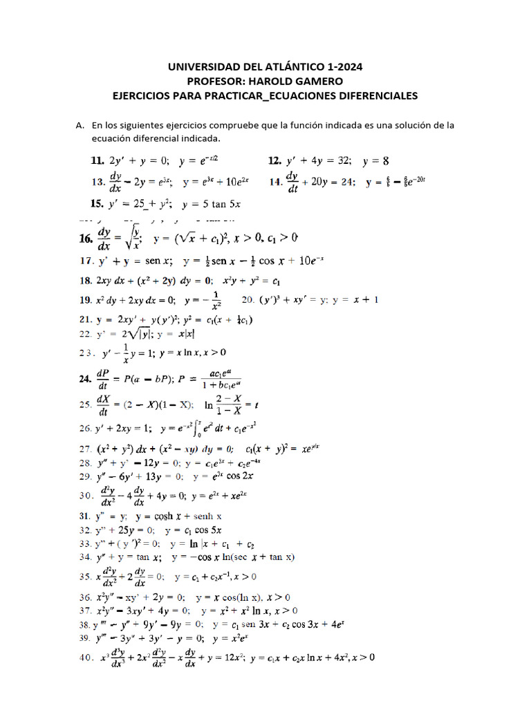Ejercicios 1 Ecuaciones Diferenciales 1-2024 | PDF