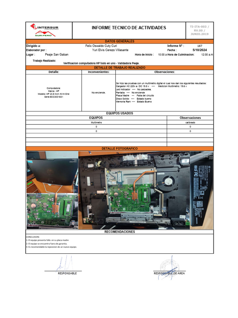 Informe Tecnico #167-PC Validadora Peajea San Gaban | PDF