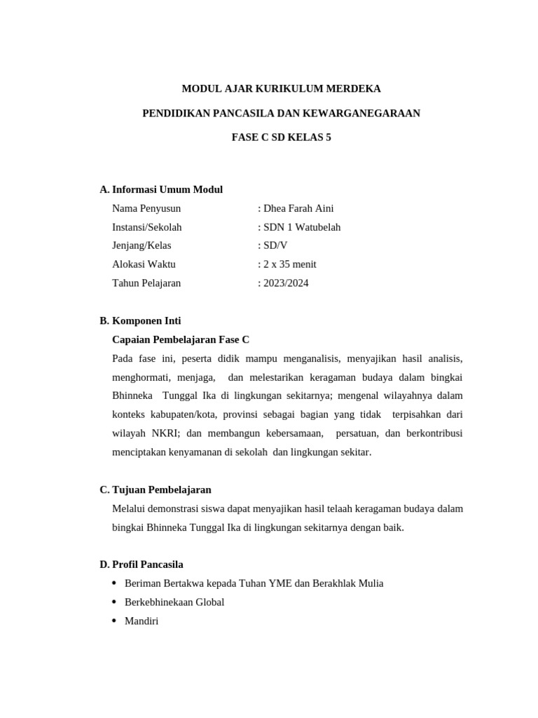 Modul Ajar PKN Kelas 5 | PDF