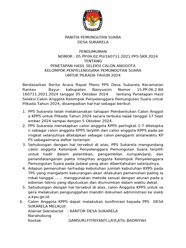 PENGUMUMAN PPS PENETAPAN HASIL SELEKSI KPPS. Sukarela | PDF