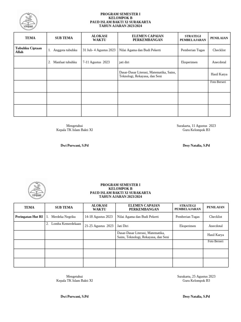 PROGRAM SEMESTER I Juli Kur Mer 23 | PDF