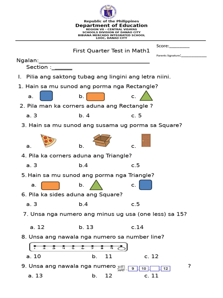 First Quarter Math Test for Grade 1 | PDF | Elementary Geometry ...