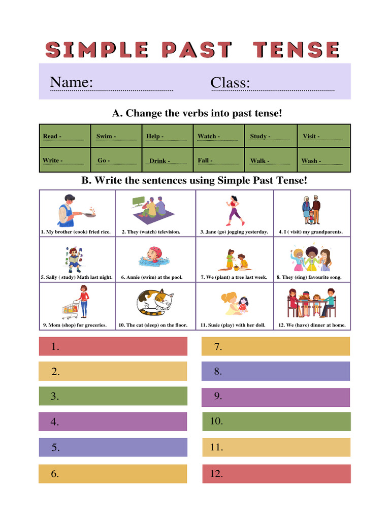 Colorful Illustrative Simple Past Tense Worksheet | PDF
