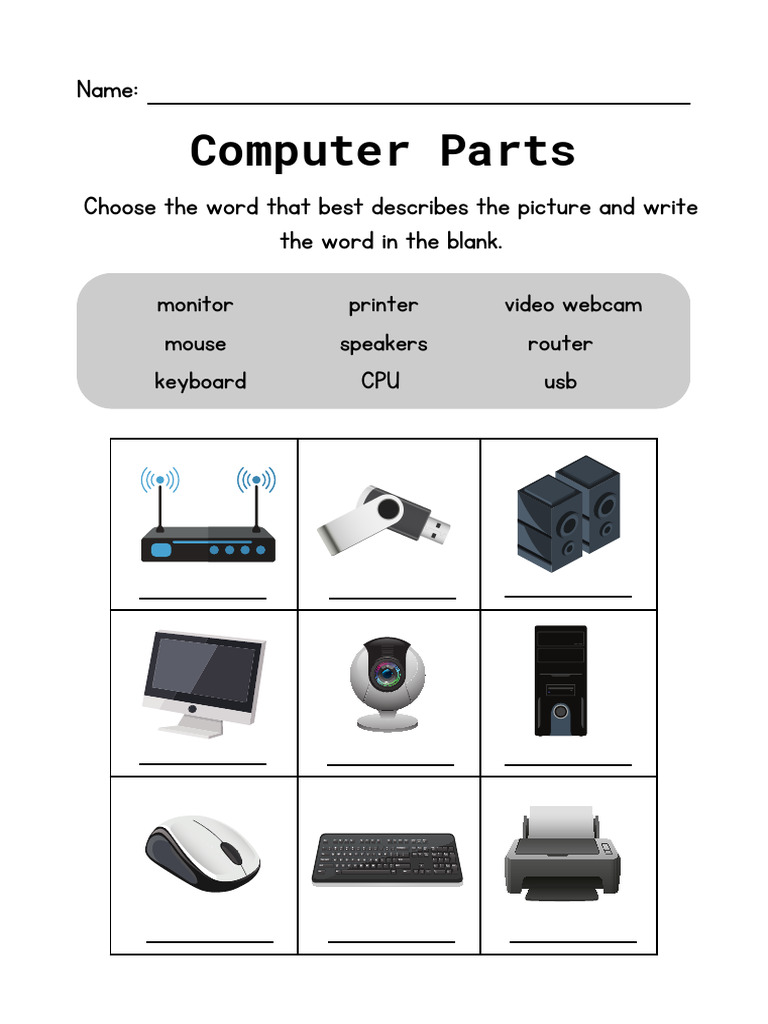 Black Illustrative Computer Parts Identification Worksheet | PDF