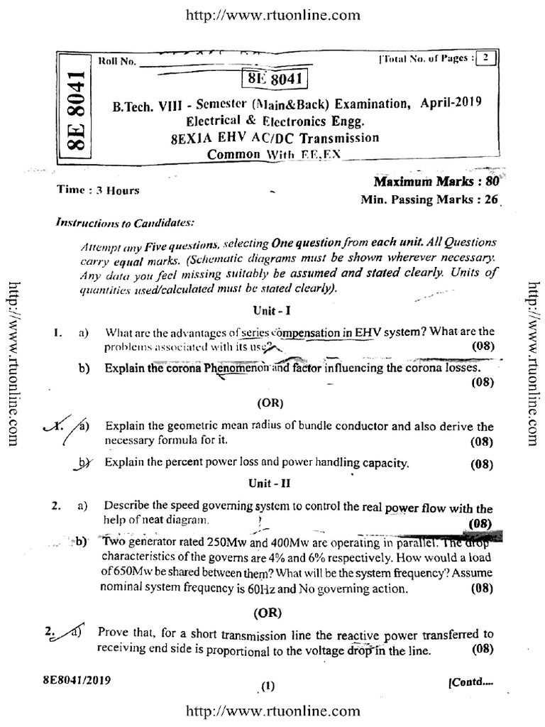 Btech Ee Ex 8 Sem Ehv Ac DC Transmission 8e8041 Apr 2019 | PDF
