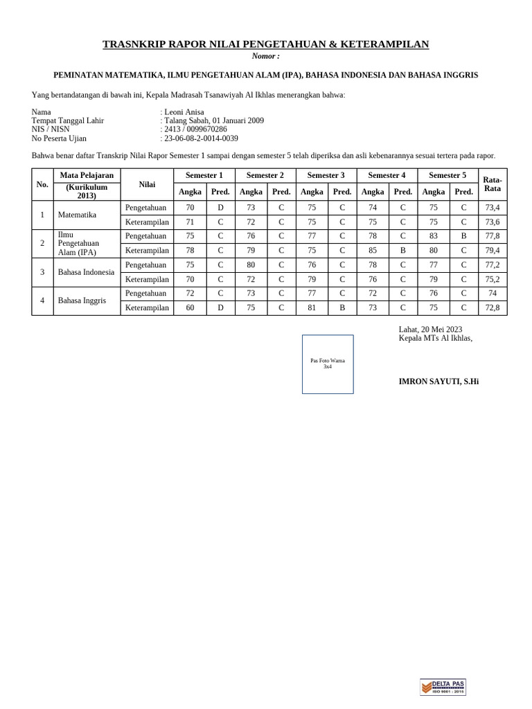 FORMAT TRANSKRIP NILAI RAPOR Leoni Anisa | PDF