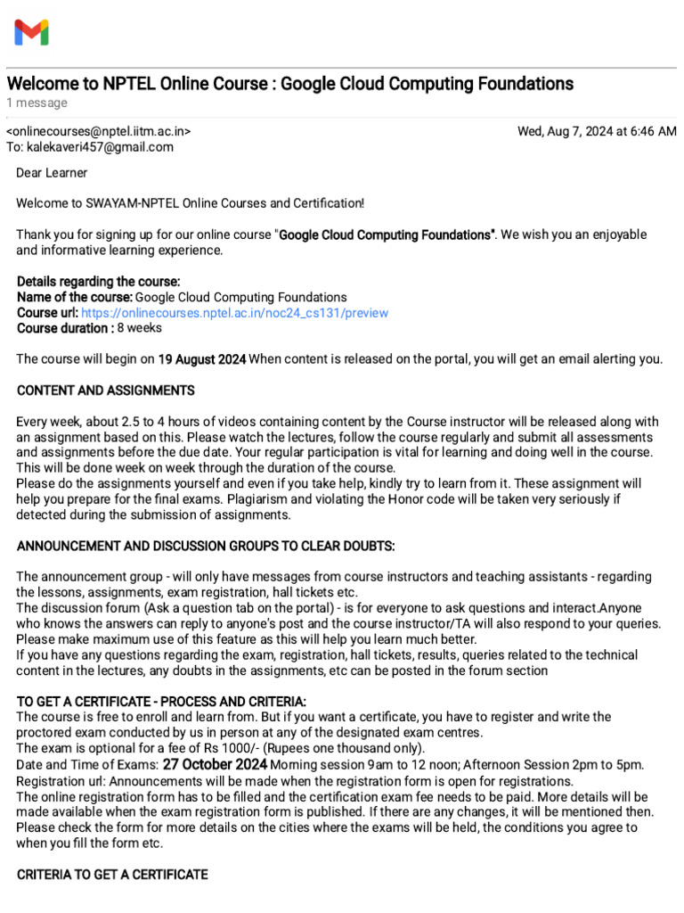 Gmail - Welcome To NPTEL Online Course - Google Cloud Computing Foundations | PDF