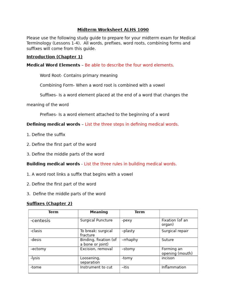 Midterm Worksheet ALHS 1090 | PDF