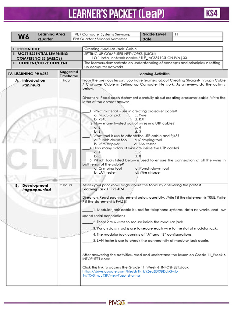 TLE11 ICT Computer Systems Servicing Q1 - Q2 W6 LeaP | PDF | Wire | Learning