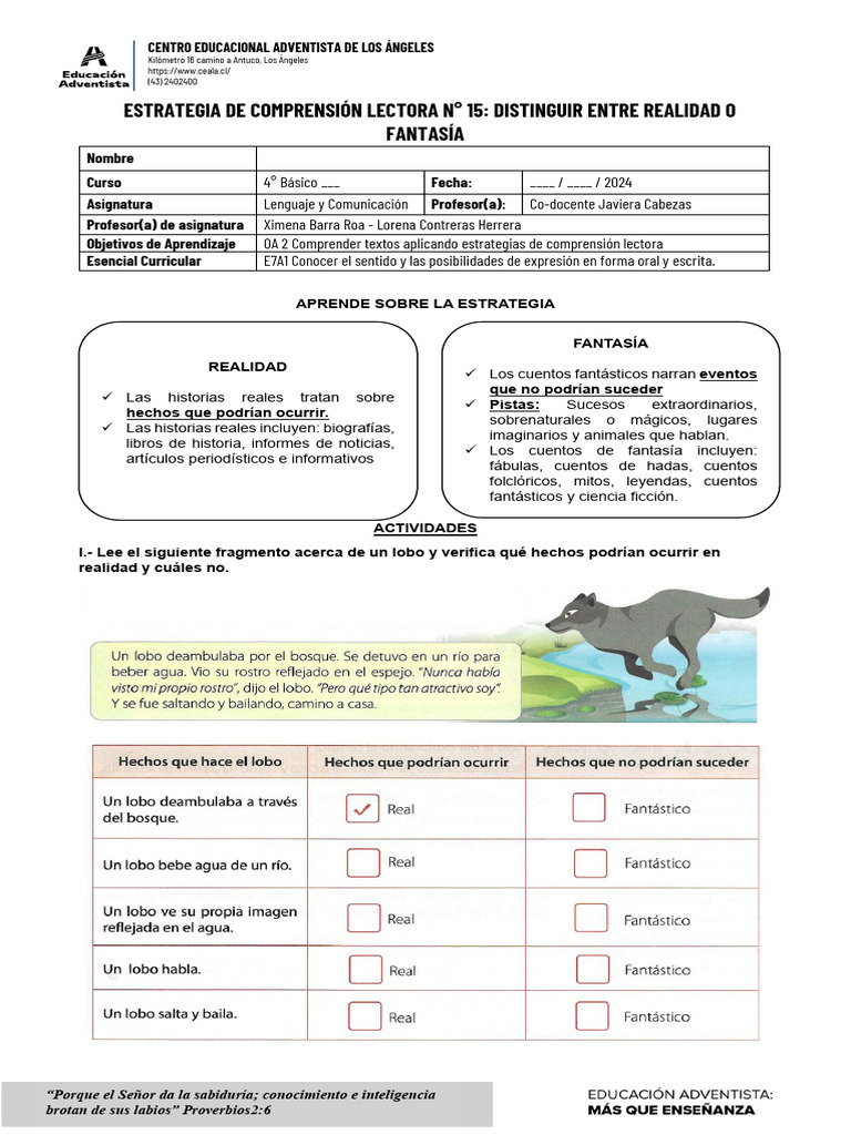 Guia 15 Distinguir Entre Realidad o Fantasía | PDF